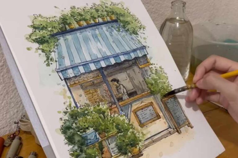 Learn How to Sketch a Café Using Ink & Watercolor