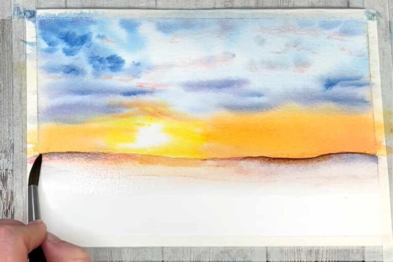 Painting a Captivating Watercolor Sunset Over a Tranquil Field – Urbaki Art
