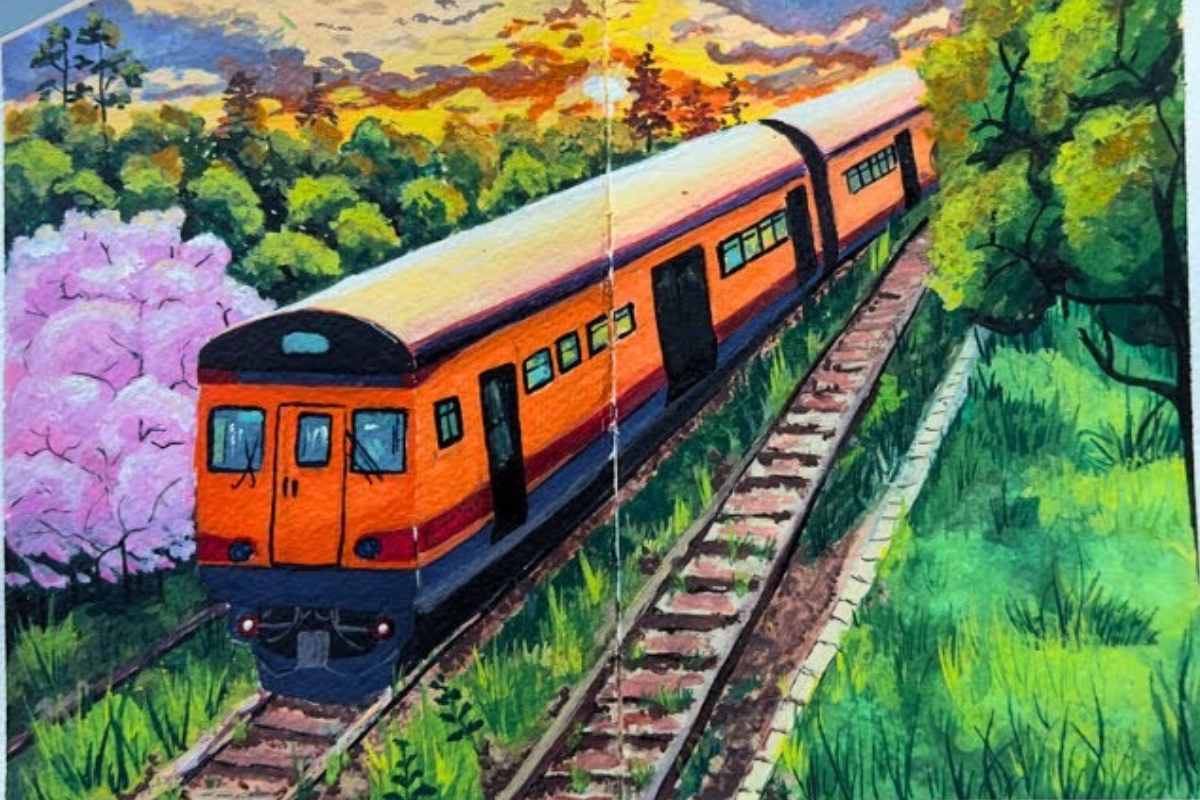 Gouache Painting a Studio Ghibli Landscape: A Train in a Forest Scene