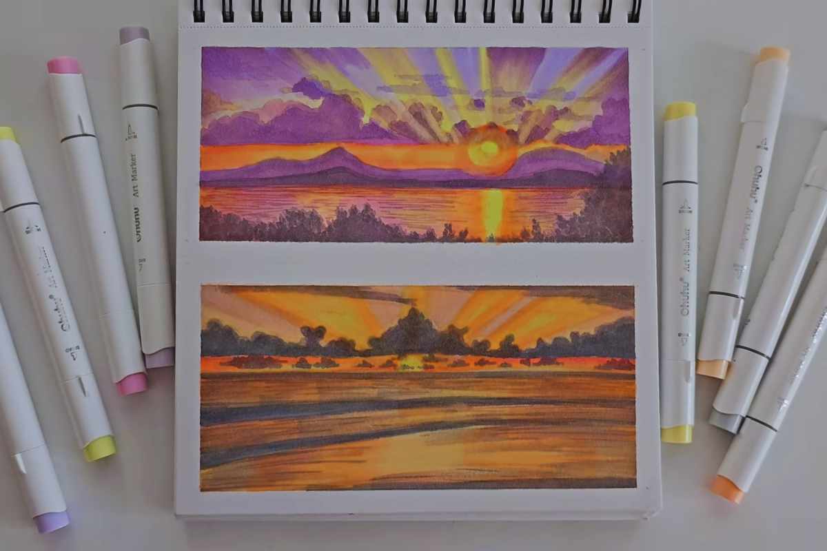 Two Easy Sunset Landscape Tutorials with Pastel and Alcohol Markers ...