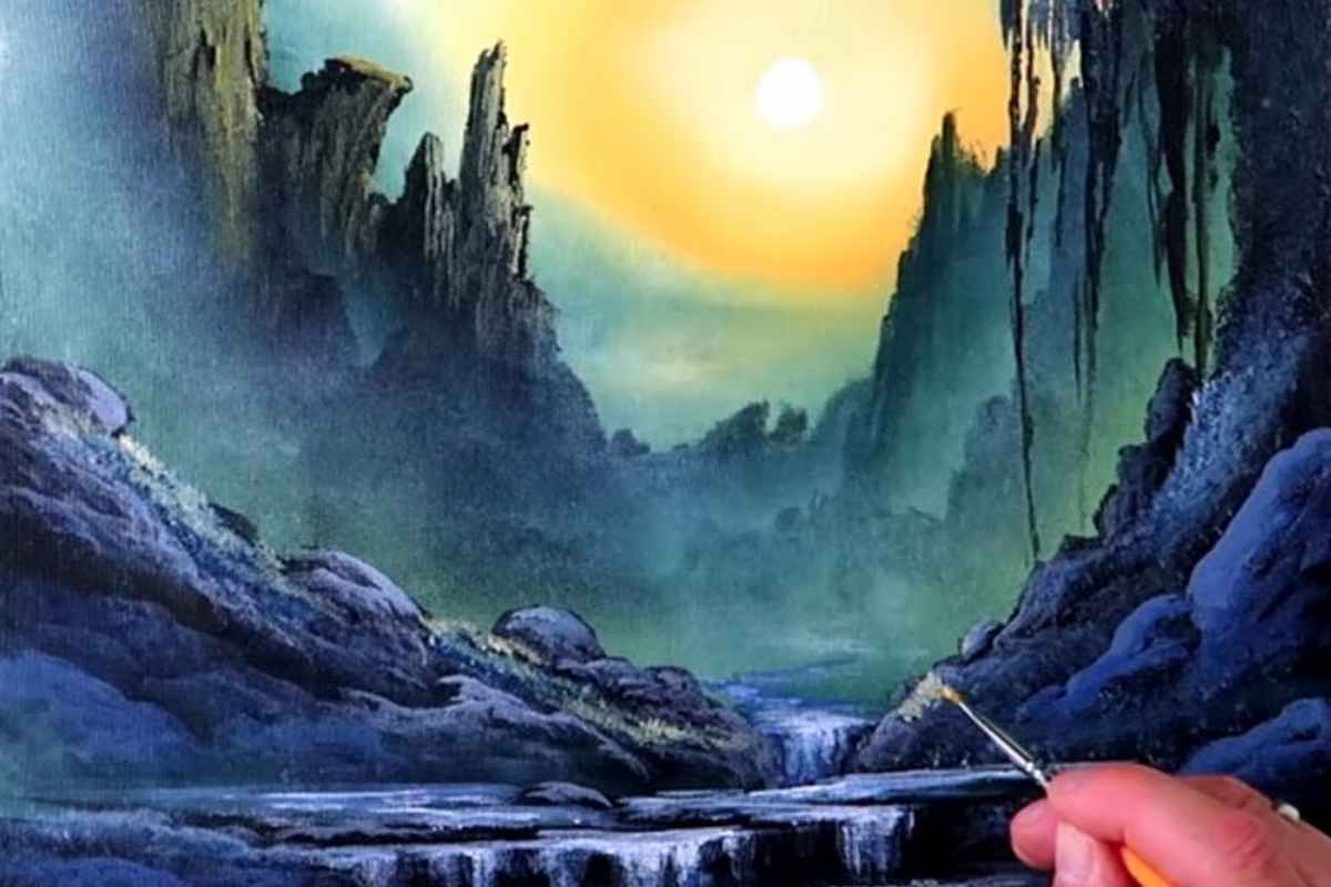 Acrylic Landscape Mastery: Painting a Deep Rocky Waterfall in Fog