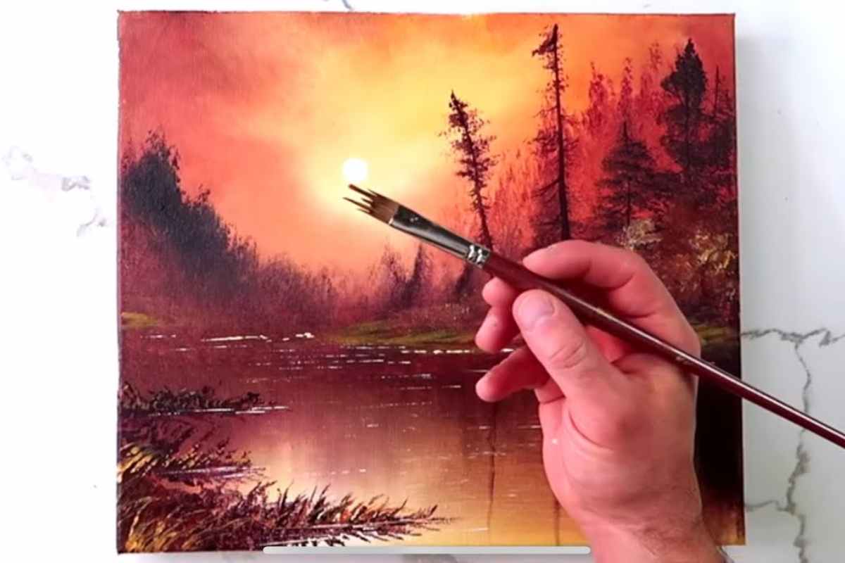 Calm Waters and Glowing Skies: Acrylic Painting of a Forest at Sunset