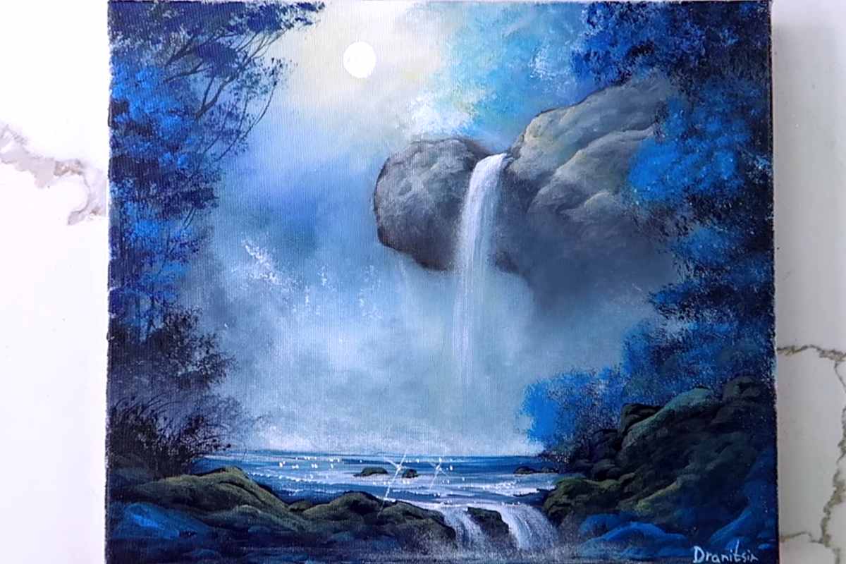 How to Create a Serene Blue Waterfall Scene in Acrylic – Urbaki Art