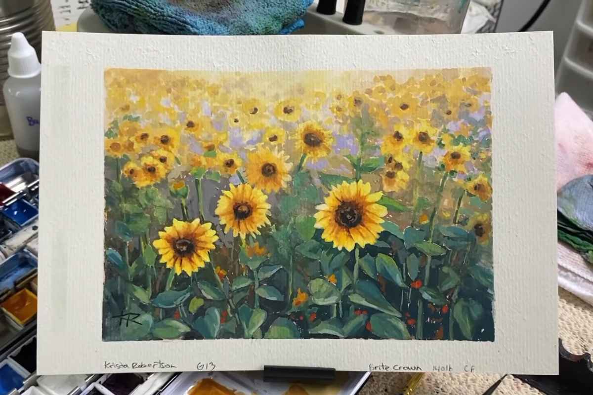 Gouache Sunflowers Landscape Painting Process (Video Tutorial)