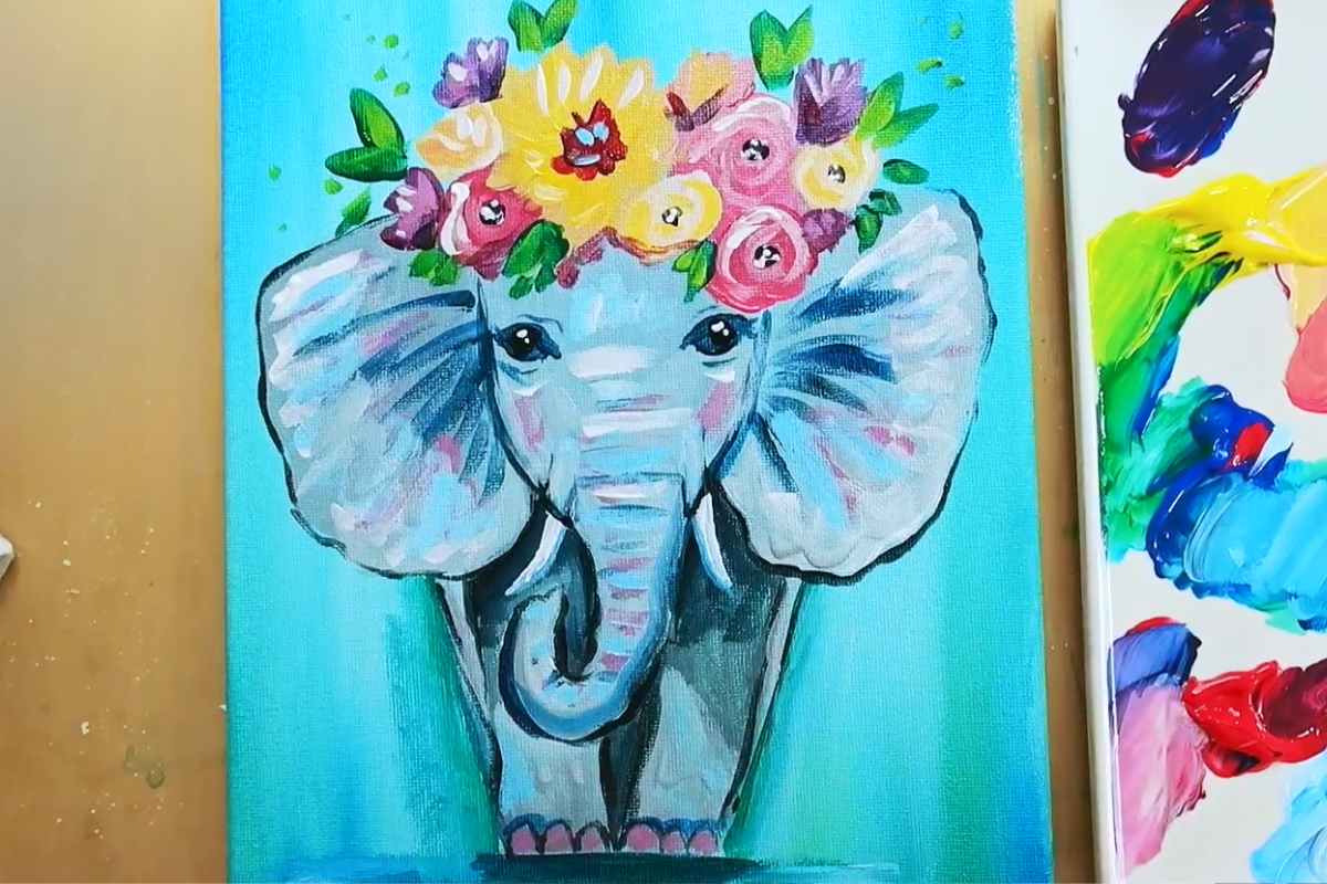 Paint a Whimsical Elephant with a Floral Crown in Acrylics