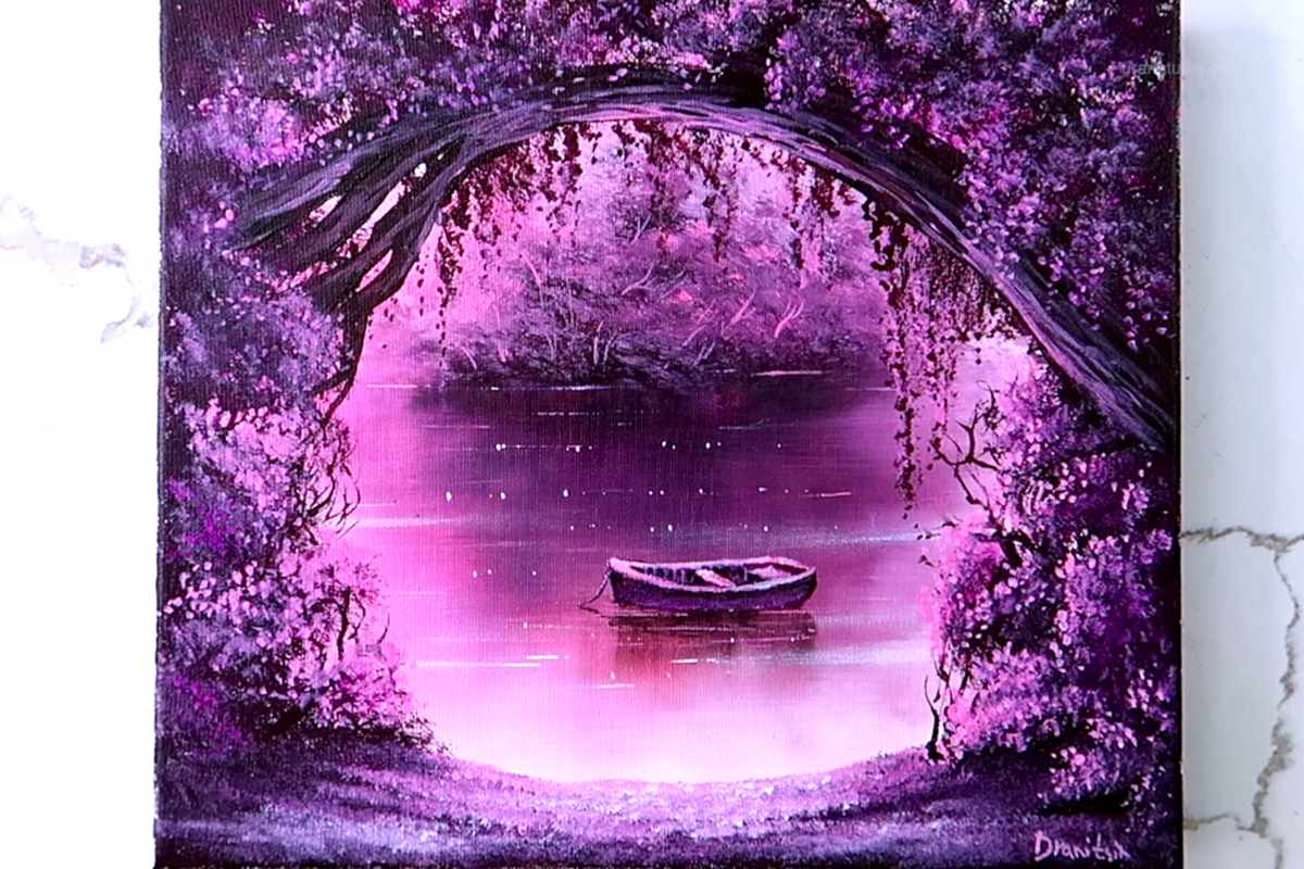 Create a Lavender Shore Scene with a Solitary Boat in Acrylics