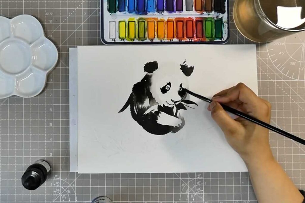 Panda And Bamboo Ink Painting: Minimal & Expressive