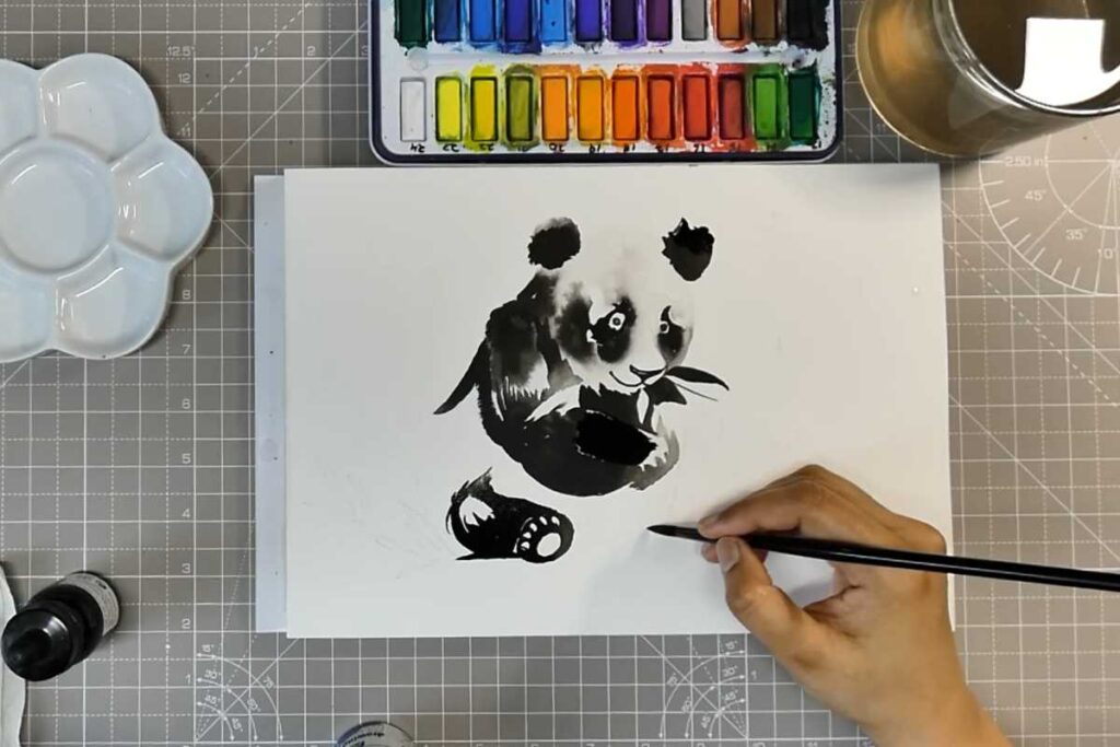 Panda And Bamboo Ink Painting: Minimal & Expressive